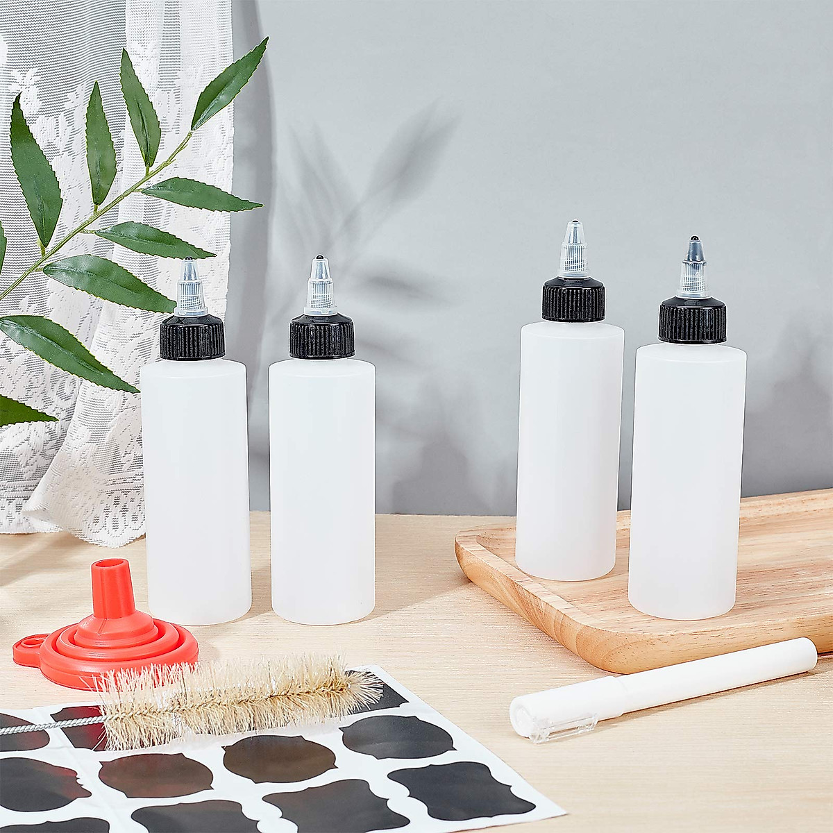 BENECREAT 12 Pack 5oz Plastic Squeeze Dispensing Bottles with Black Twist Cap Glue Bottle with Hopper, Cleaning Brush, Sticker Label and Marker Pen for Crafts, Art, Glue, Multi Purpose