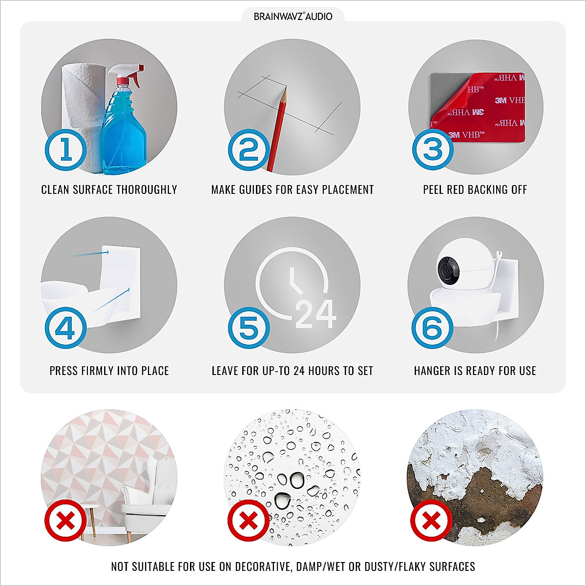 BRAINWAVZ Wall Mount for BabySense V43 Baby Monitor Camera - Adhesive Holder, Easy to Install, No Tools Needed, No Mess, No Drilling, Strong Mount, White