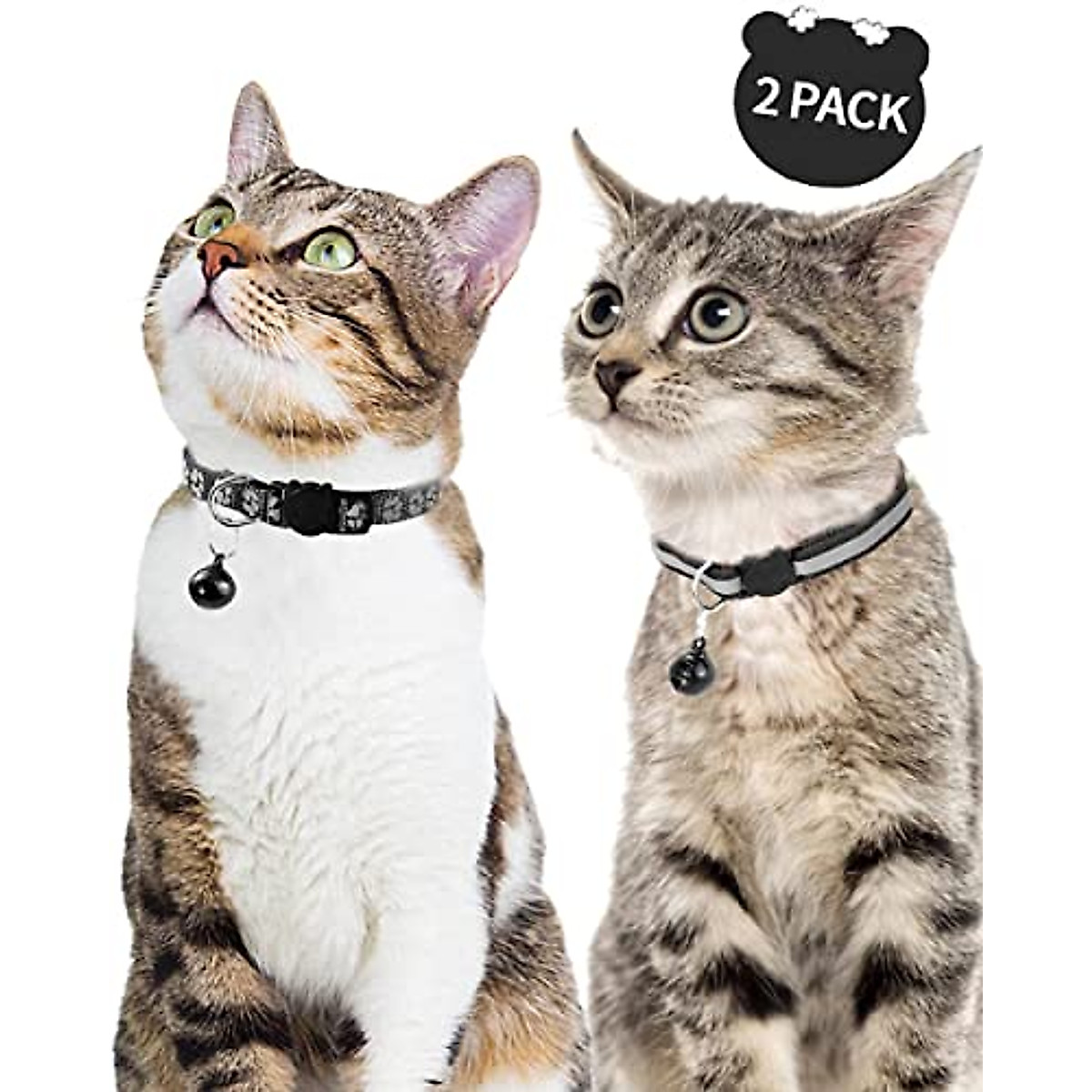 Taglory Reflective Cat Collars Breakaway with Bell, 2-Pack Girl Boy Pet Kitten Collar Adjustable 7.5-12.5 Inch, Black
