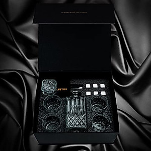 Whiskey Decanter Set 7 Pieces ，Crystal Whiskey Bottle With Glass Stopper, 4 Whiskey Glasses, 6 Cooling Whiskey Stones and Ice Clips, Whiskey, Scotch, Men, Holiday Gifts, Bar Essentials, 32OZ