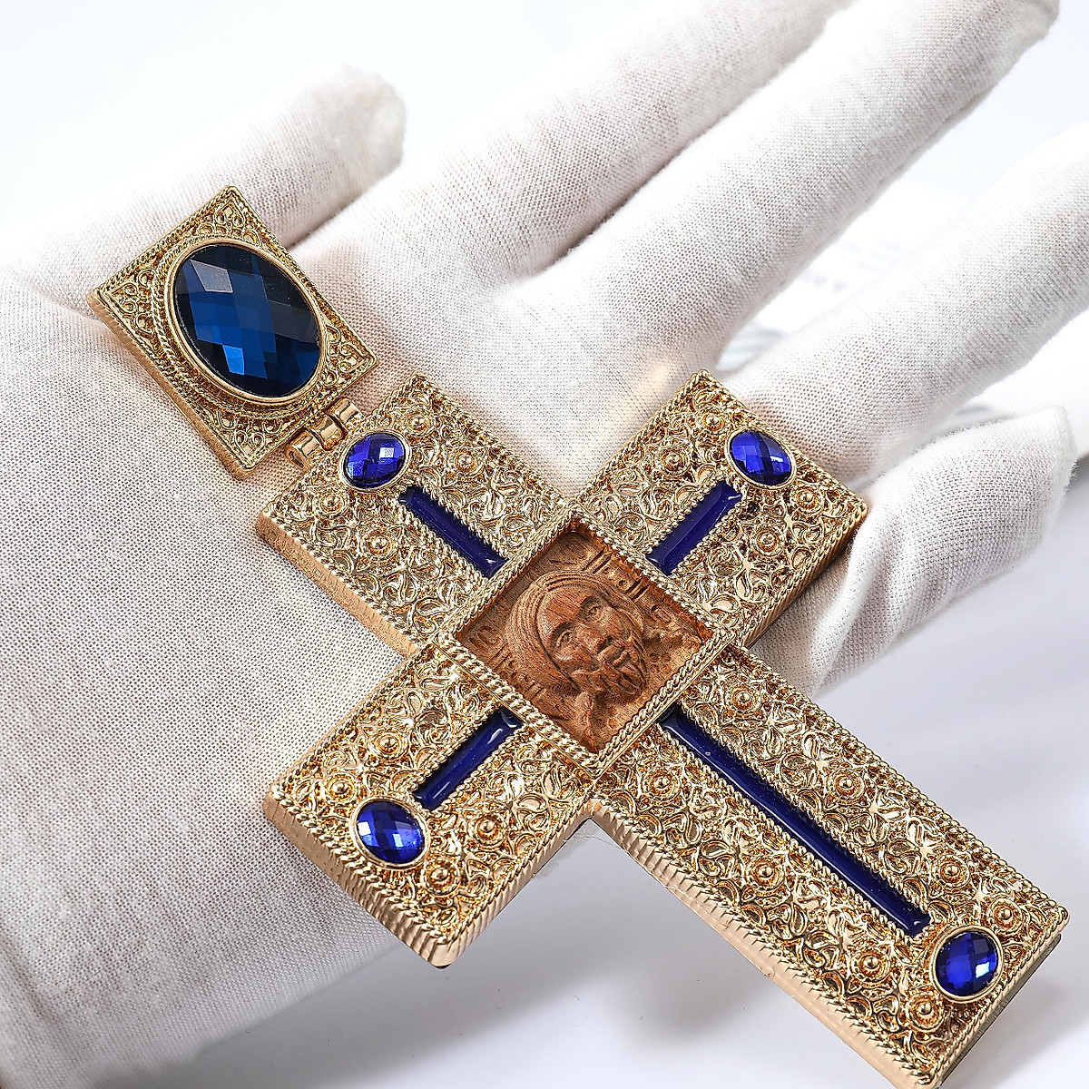 Nazareth Store Pectoral Cross Wooden Jesus Face Crucifix Pendant Icon Blue Crystallized Stones Elements Christian Priest Bishop Necklace 23"