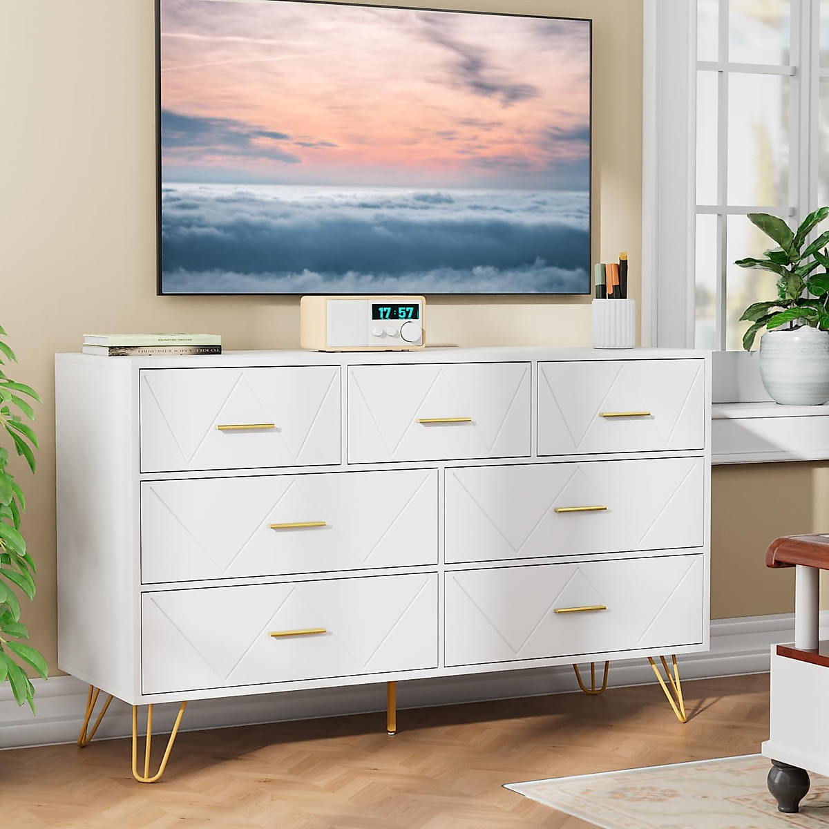 JOZZBY White Dresser for Bedroom, 7 Drawer Wooden Dresser with Gold Handles, Modern Storage Dressers & Chests of Drawers for Hallway, Entryway