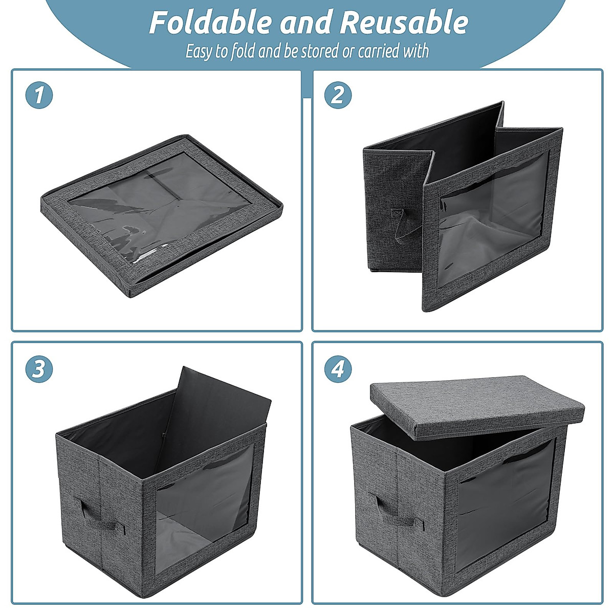 Bellzacasa Large Collapsible Storage Bins with Lids, 3 Pack Foldable Clear Window Storage Boxes with Handles, Linen Fabric Storage Cubes Baskets Organizer Containers, Gray, 15.8x11.8x11.8”