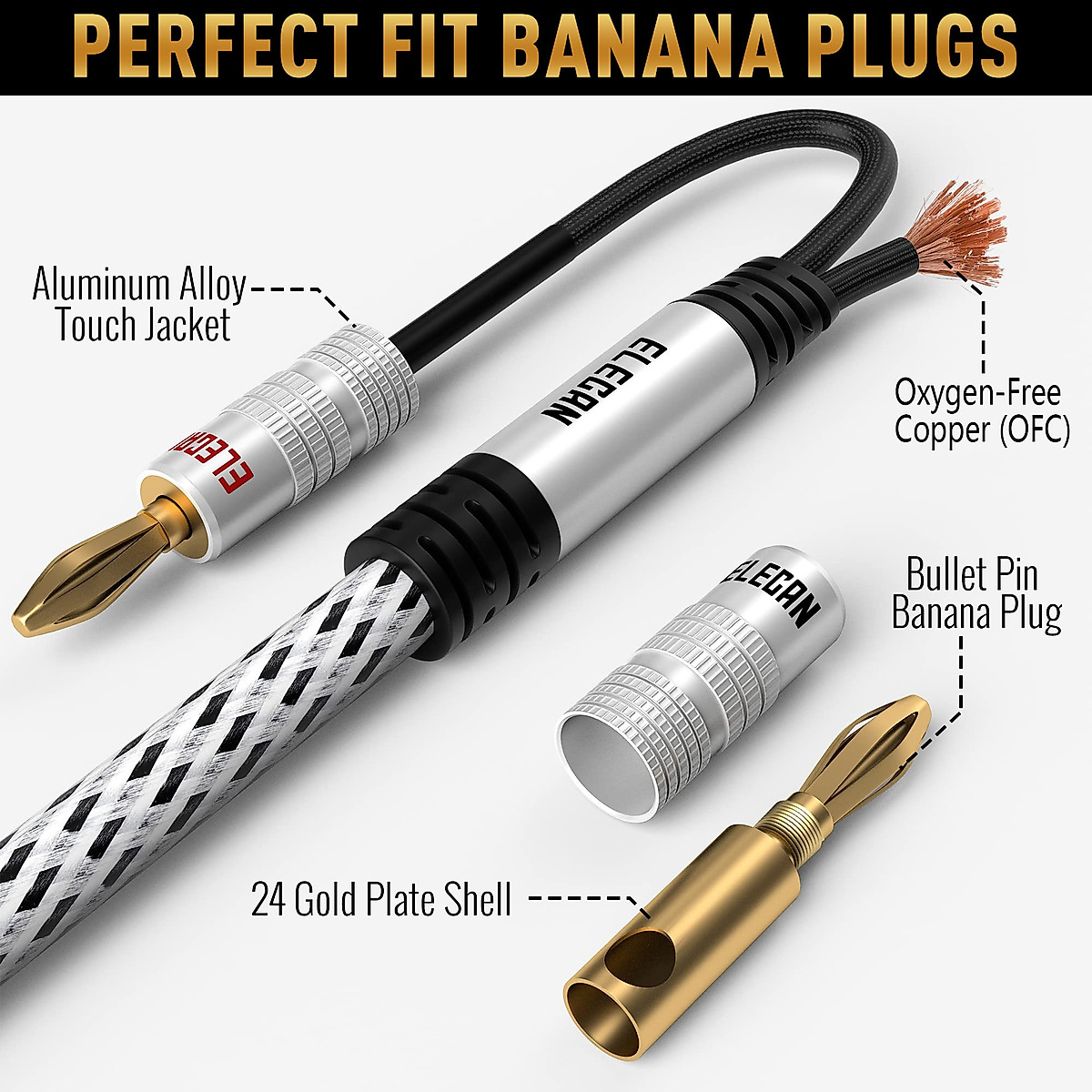 Elecan 14 AWG Speaker Cable Wire 50 Feet with Gold-Plated Banana Tip Plugs-CL2 Rated-in Wall-Heavy Duty Nylon Braided, Oxygen-Free Copper (OFC)-White-with 5 Cable Ties