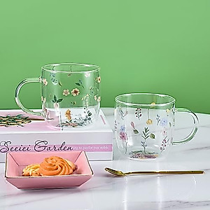 Koythin Flowers Coffee Glass Mug, Cute Espresso Cup, Drinking Glasses Breakfast Cups with Handle, 12oz Perfect for Coffee Juice Tea Latte Cappuccino (Green Leaf Pink Flower)