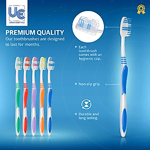 Urban Essentials Bulk Toothbrush Package with Covers | Premium Quality Individually Wrapped Colorful Tooth Brushes | Medium Soft Toothbrush Hygienic Cap for Donations, Travel, Hotels (100 Pack)