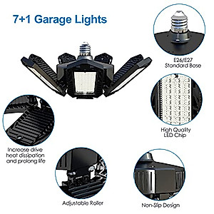 Led Garage Light, 2 Pack 240w Led Workshop Ceiling Light 24000LM, E26/E27 6500k Daylight Ultra Bright Garage Lighting , Deformable 7+1 Adjustable Panels Basement Bulb For Barn, Warehouse, Garage