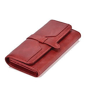 EASTNIGHTS RFID Wallets for Women Clutch Wallet Leather Trifold Wallet Credit Card Slot (wine red)