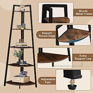 BETTAHOME 5 Tier Corner Stand, 70'' Tall Corner Ladder Shelf, Ideal for Books, Plants, Storage, Display Shelving Unit for Living Room, Bedroom, Kitchen, Rustic Brown