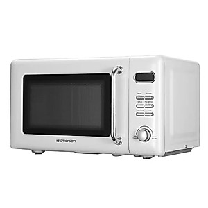 Emerson MWR7020W-N Retro Digital Microwave Oven with Timer & LED Display 700W with 5 Micro Power Levels, 8 Pre-Programmed Settings, Express & Defrost, with Child Safe Lock, 0.7 Cu. Ft, White