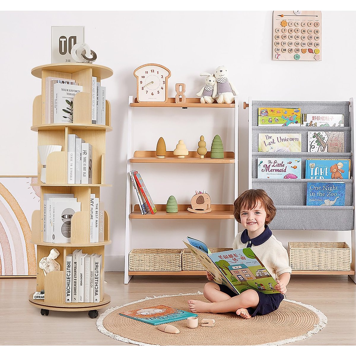 tonchean 4 Tier Rotating Bookshelf Tower,Wood Revolving Bookcase with Wheels Vertical Kids Toddler Bookshelf with Storage,Corner Display Bookshelf Rack for Library Study Office Living Room