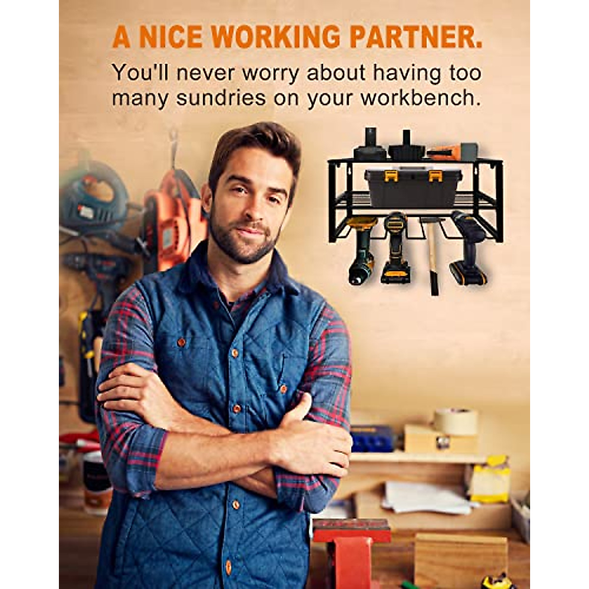 DECMIOX Power Tool Organizer, Wall Mounted Storage Rack, 150lb weight limit Heavy Duty Floating Tool Shelf, Utility Holder for Drill & Screwdriver, Christmas Gift for Men Dad Father's Day