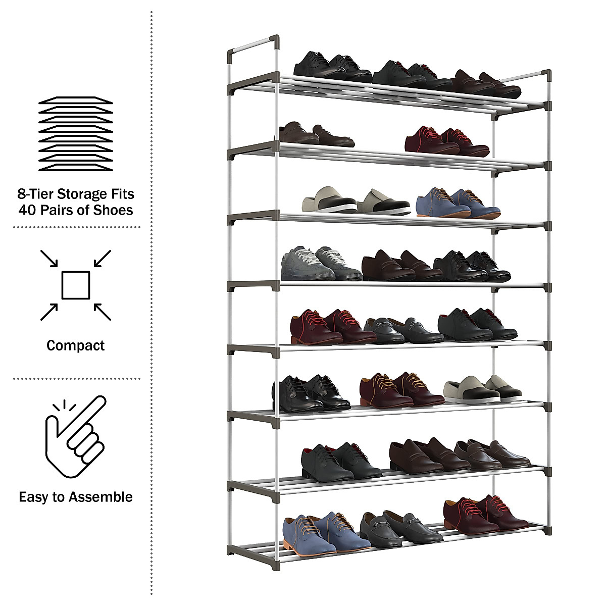 Home-Complete Shoe Rack - 8-Tier Shoe Organizer for Closet, Bathroom, Entryway - Shelf Holds 40 Pairs Sneakers, Heels, Boots (White)