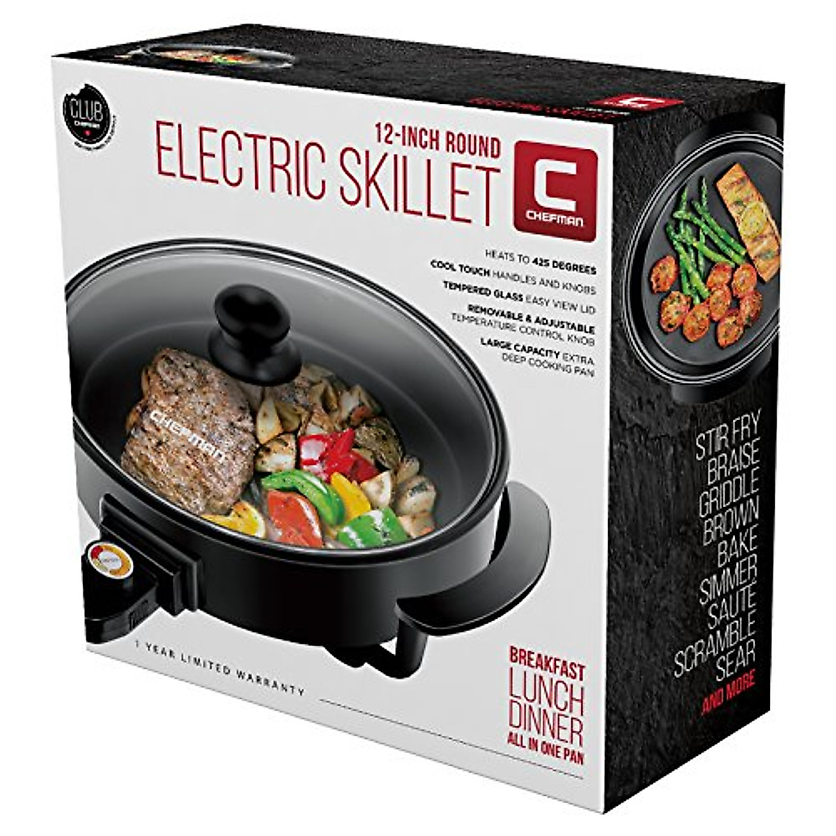 Chefman Electric Skillet - 12 Inch Round Frying Pan with Non Stick Coating, Temperature Control, Tempered Glass Lid, Cool-Touch Handles and Knob, Black