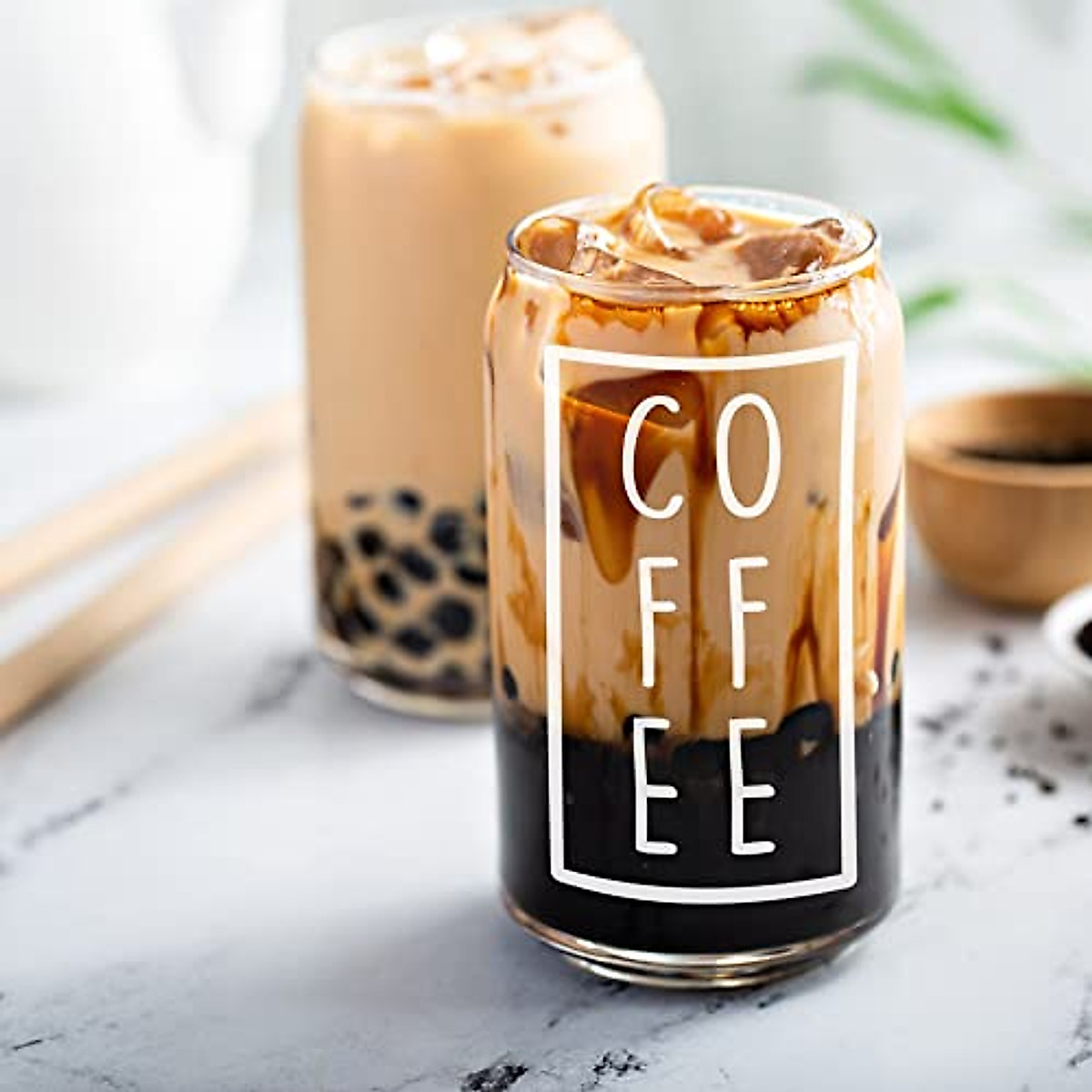 Set of 2 | 16 oz Iced Coffee Cup with Bamboo Lids + Straws | Mason Jar Cups & Iced Coffee Tumbler with Lid and Straw | Glass Cups for Iced Coffee, Boba Cup | Beer Can Glass & Smoothie Cup - Coffee