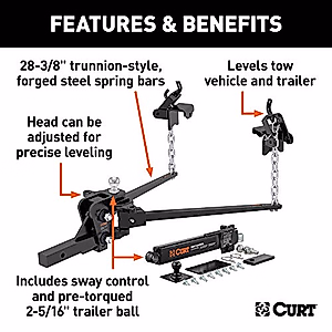 CURT 17322 Short Trunnion Bar Weight Distribution Hitch with Sway Control, Up to 10K, 2-In Shank, 2-5/16-Inch Ball , Black