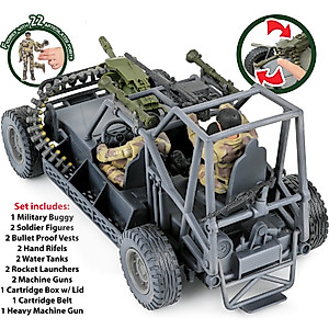 Click N' Play Military Desert Patrol Vehicle (DPV) Buggy, 16 Piece Action Figure Play Set with Accessories Including Army Gear & Military Buggy, Playset for Boys 3+ , White,Grey/Green