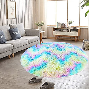 TIMDAM Fuzzy Round Rug for Bedroom, 4 Feet Round Area Rug, Fluffy Circle Carpet for Bedroom, Soft Cute Rainbow Rug for Kids Room, Furry Rugs for Girls Bedroom, Plush Shaggy Rug Home Decor