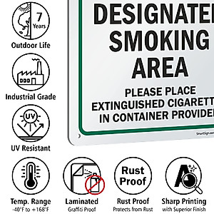 SmartSign 14 x 10 inch “Designated Smoking Area - Place Extinguished Cigarettes In Container Provided” Metal Sign, 40 mil Laminated Rustproof Aluminum, Green, Black and White