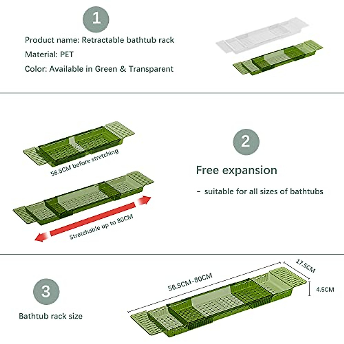 Ollimy Bath Shelf Bathtub Tray, Adjustable Bathtub Caddy Tray Storage Rack - Bathroom Bathtub Tray - Expandable Bath Shelf Fits All Tubs (Transparent)