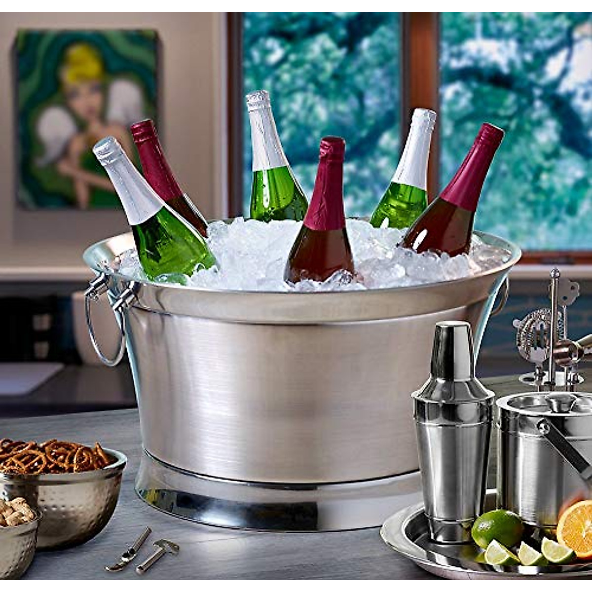 BirdRock Home Double Wall Round Beverage Tub - Stainless Steel - Ice Bucket - Metal Decorative Drink Cooler - House Party - Handles Small Container - Large