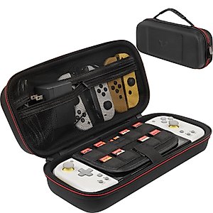 ButterFox Large Carrying Case for Hori Split Pad Compact, Fits Wall Charger, 10 Game Slot Holders (8 Physical + 2 digital), Compatible with Both Regular and OLED Switch - Black/Red