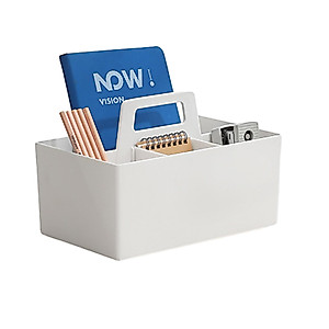 HUIFACAI Square Rectangular Stackable Desktop Storage Organizer Divided Basket Bin 4 Compartments 5 Compartments Adjustable Partition Storage Box With Handle, White, 5 points