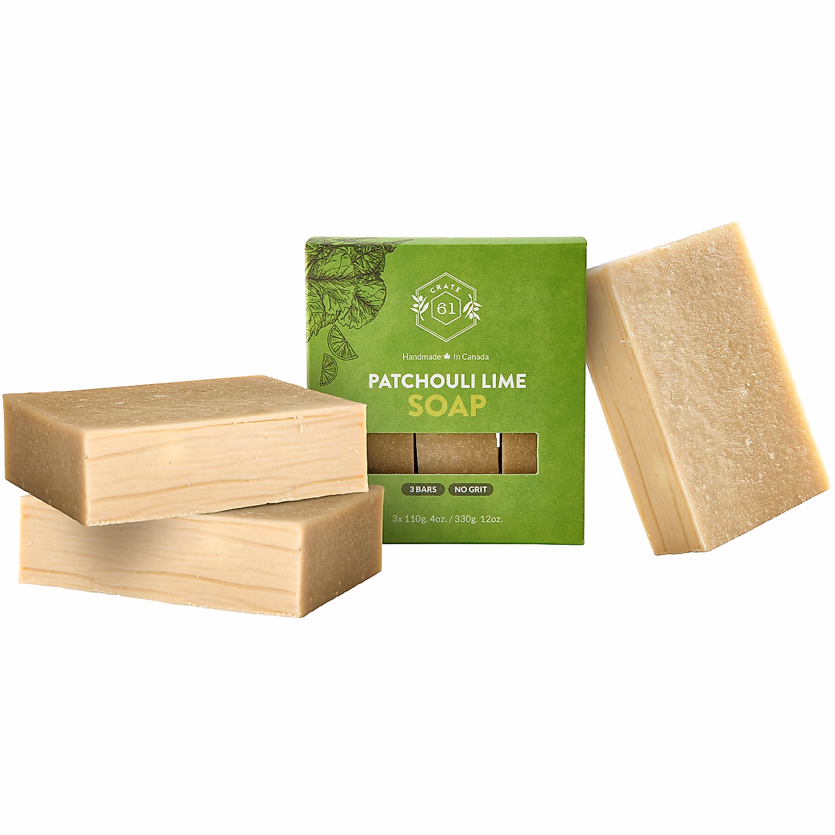 Crate 61 Organics, Handmade in Canada, Plant Based Cold Process Natural Bar Soap For Face And Body, With Premium Essential Oils, Eucalyptus & Peppermint For Men And Women 3 Pack (Patchouli Lime)