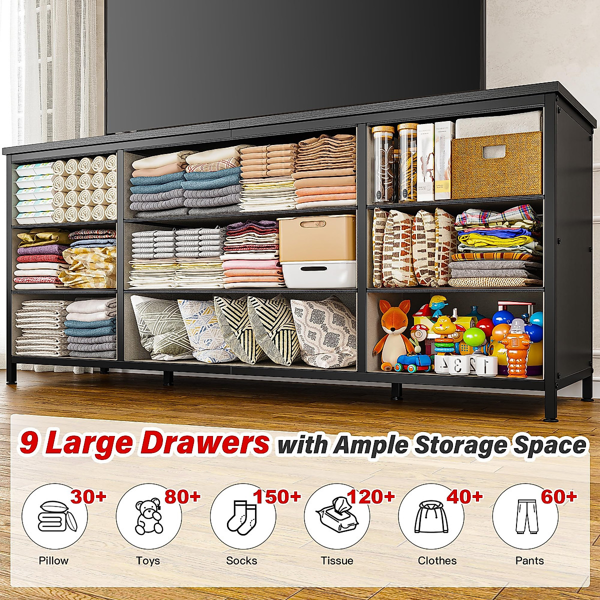 EnHomee Dresser, Dresser for Bedroom with 9 Drawers, Wide Dresser TV Stand for 55” TV Stand for Bedroom Dresser Long Dressers & Chests of Drawers, Metal Frame&Wood Top, Closet, Hallway, Charcoal Black