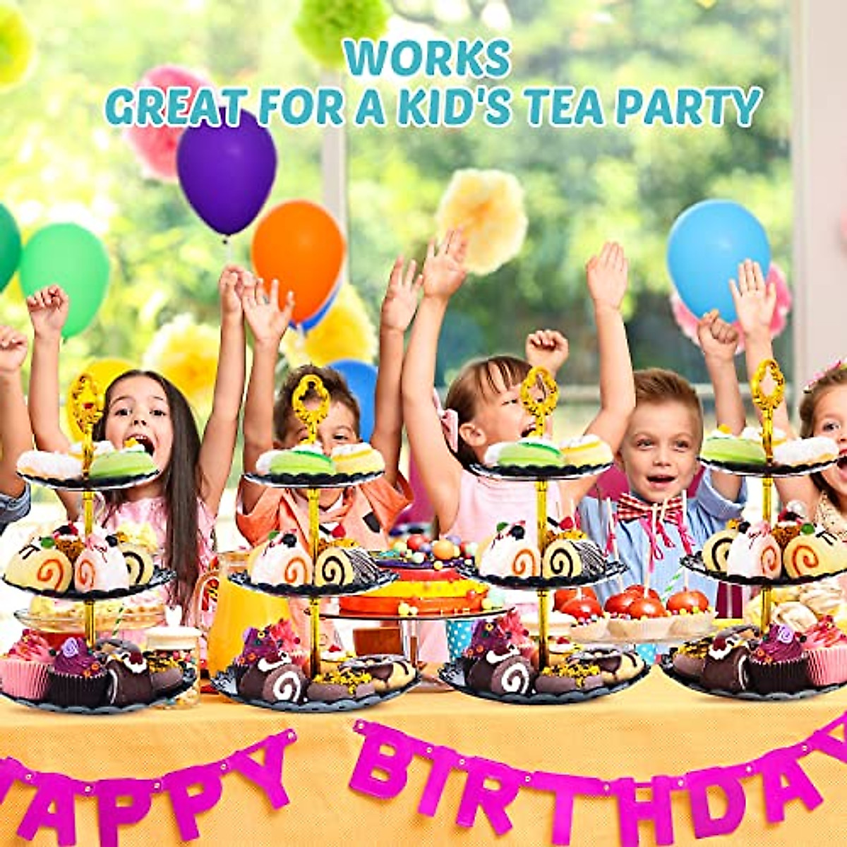 4 Sets 3 Tier Plastic Cupcake Stand Dessert Plates Mini Cake Fruit Candy Display Tower Reusable Tiered Snack Serving Tray Black Gold for Wedding Tea Party Decor