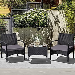 RELAX4LIFE 3-Piece Patio Furniture Set - Rattan Conversation Set, Wicker Bistro Set W/ 2 Chairs, Glass Table, Steel Frame, Outdoor Chairs Set for Backyard, Balcony, Front Porch Furniture(Gray)
