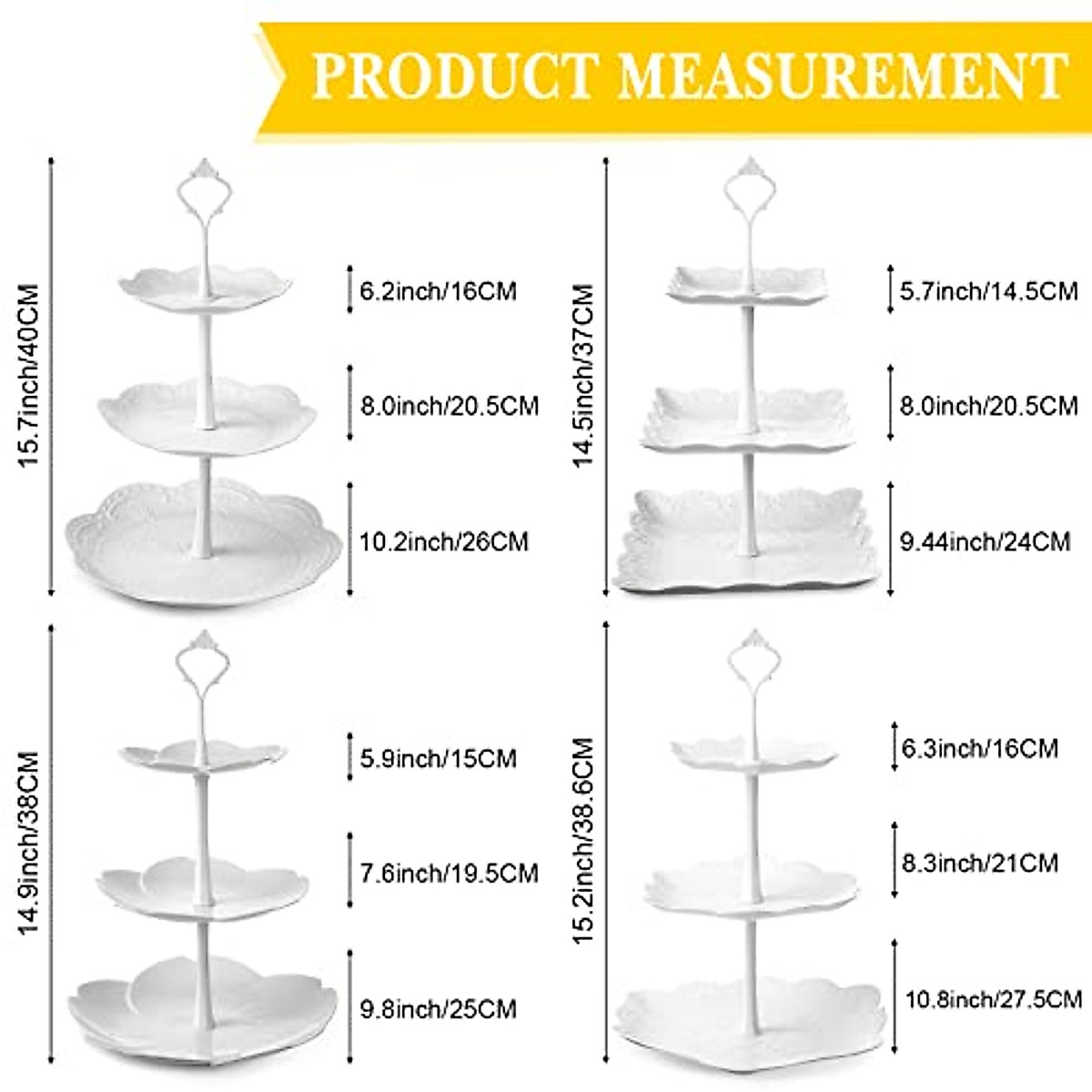 Potchen 8 Sets 3 Tier Cupcake Stand Plastic Tiered Serving Tray Round Flower Square Hexagonal White Dessert Table Display Set Candy Tower Pastry Holder for Party Wedding