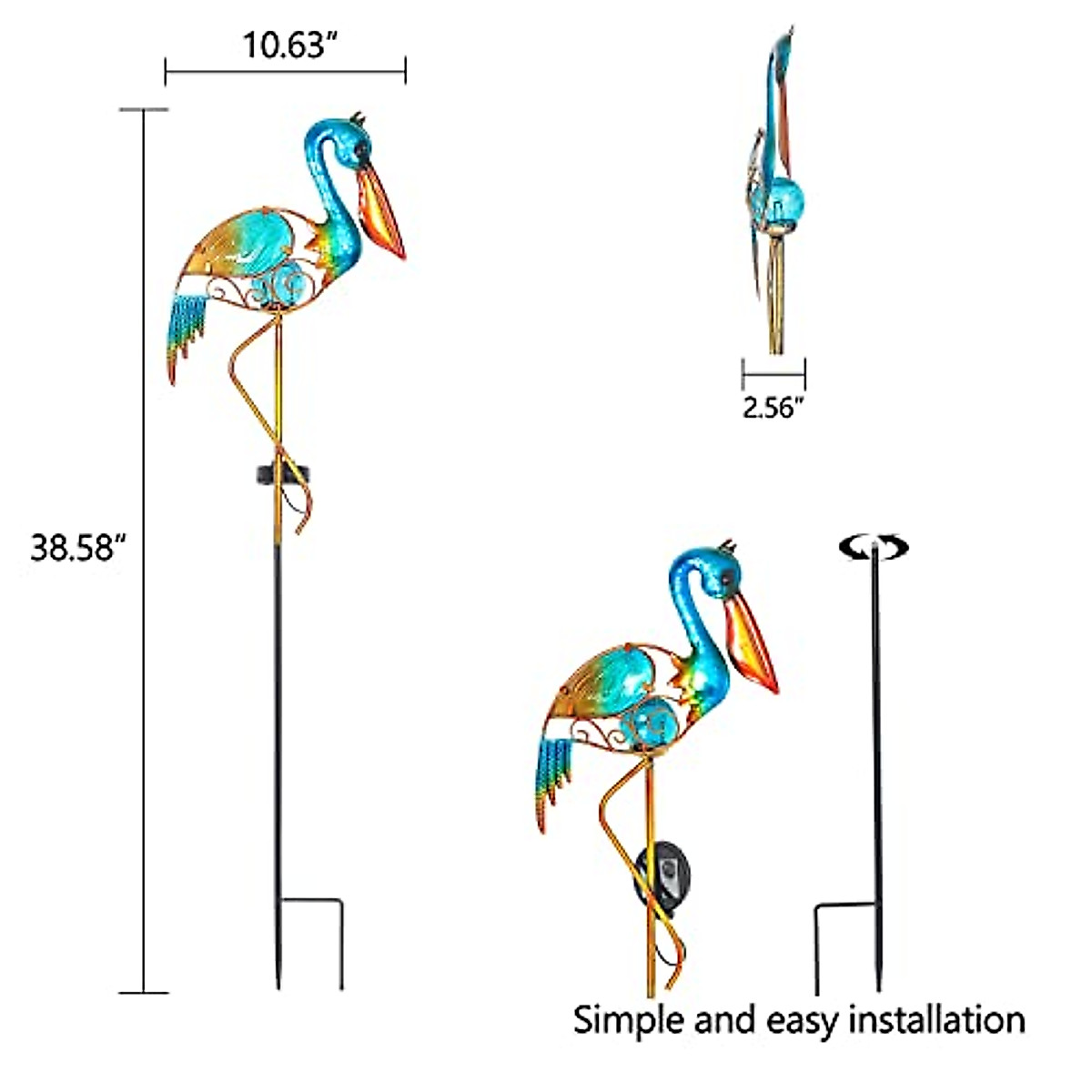 Asense Garden Solar Lights Pathway Stake Outdoor Metal Sculpture Art Decor, Solar Powered LED Lights for Lawn Patio Courtyard, Blue Flamingo with Crackle Glass Ball