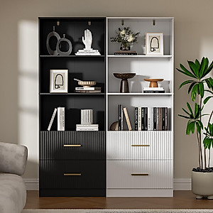Housoul Black Bookshelf with Drawers, 63" Tall Bookshelf with Storage, 3 Shelf Bookcase with Adjustable Shelf, 3 Tier Modern Bookshelf, Open Shelves Bookcase, Unique Bookshelf for Bedroom & Office