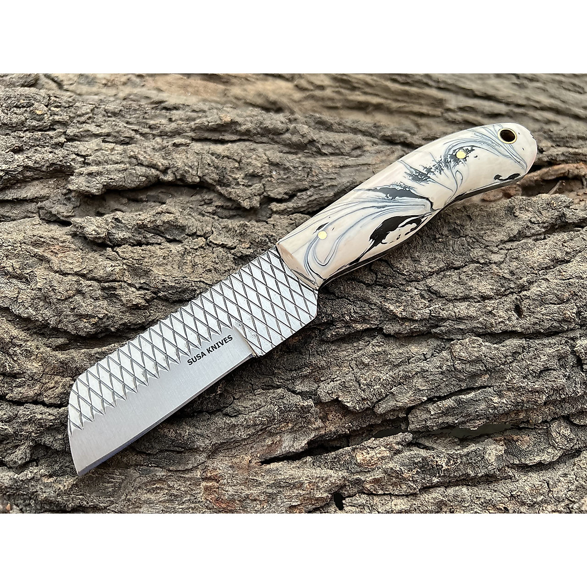 SUSA KNIVES Custom Handmade Rasp Bull Cutter knives horse file steel bull cutter knife, cowboy skinner knife with pancake leather sheath (WHITE)