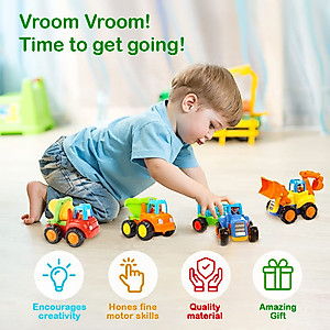 IQ Toys 4 Pack Friction Powered Cars Construction Vehicles for Toddlers, with Car Tractor, Bulldozer, Dumper and Cement Mixer Truck