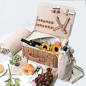 Picnic Basket for 2 with Waterproof Blanket and Insulated Wine Pouch 18Pcs Picnic Basket Set Hamper with Full Cutlery Kit for Two, Family,Couple,Camping,Outdoor,Valentine Day,Wedding Gift, Birthday