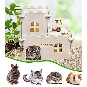 Cooenia Castle Chinchilla House, Hamster Wooden Large 2 Floor Guinea Pig Hideout Play House Hut with Windows, Door and Apple Sticks for Hedgehog Gerbil Hamster Small Animal Habitat
