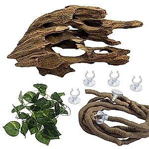 PINVNBY Reptile Plants, Reptile Vines and Flexible Reptile Leaves Large Driftwood Tank Habitat Decor for Bearded Dragons Snakes Geckos Frogs Chameleon(3 PCS)