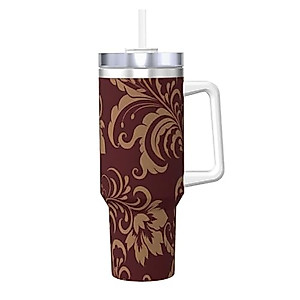 Xiexide 40oz Rustproof Outdoor Flower Maroon Gold Floral Classy Antique Double Walled Vacuum Insulatedith Handle And Straw,Hot & Cold Drinks