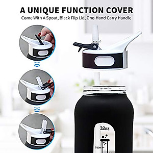 32 Oz Glass Water Bottle with Straw & Silicone Sleeve 100% BPA Free Borosilicate Glass Water Bottle, 1L Wide Mouth Leakproof Lids Motivational Time & Ounce Marker Ensure Track H2o Goal