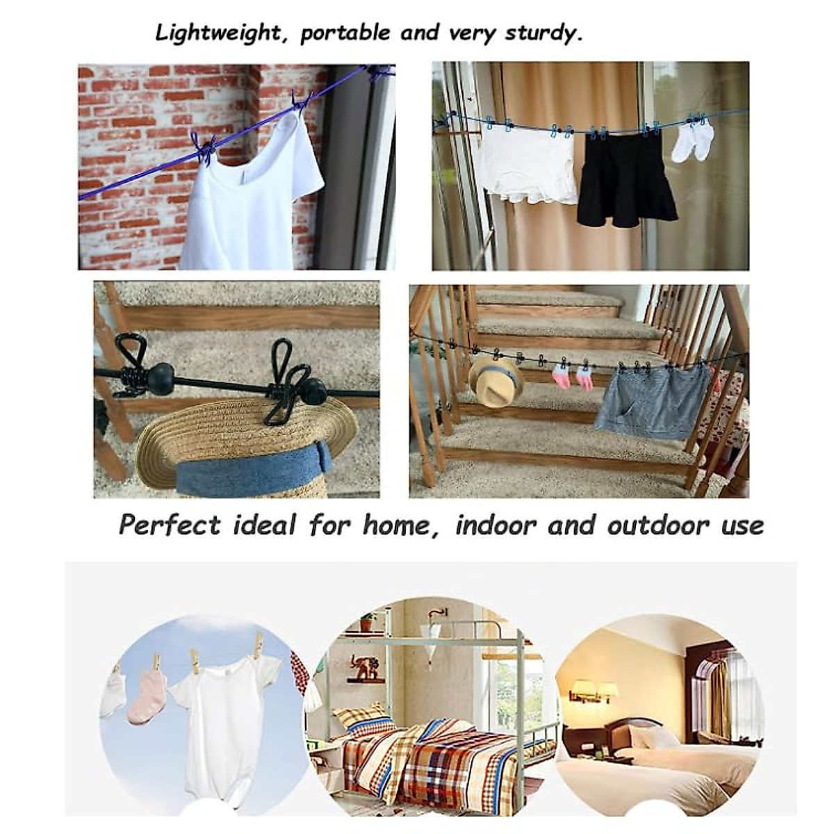 LUKEYLAND Portable Travel Clothesline,Adjustable Elastic Travel Camping Clothes line with 12 PCS Clips and 14 Positioning Clasp Windproof Clothesline Travel Camp（2pcs）