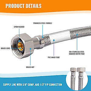 (10 Pack) SUNGATOR 16 Inch Faucet Supply Lines, 3/8" Female Comp Thread x 1/2" FIP Thread Sink Hose, 16" Stainless Steel Braided Faucet Supply Line for Bathroom, with 2 Wrenches and 1 Sealing Tape