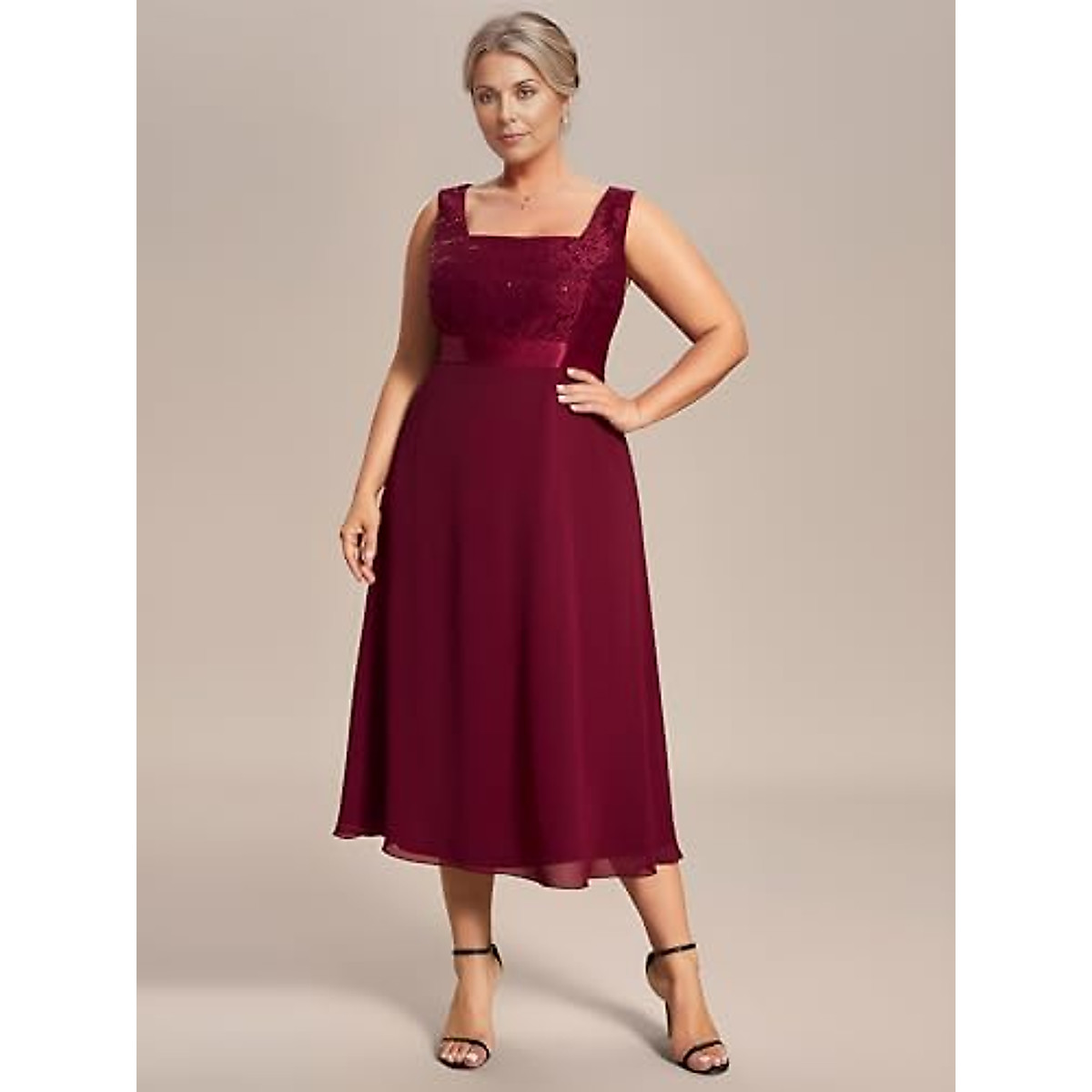 Ever-Pretty Plus Women's Curve Square Neck Lace Cardigan Chiffon Knee Length Plus Size Evening Dress Burgundy US22