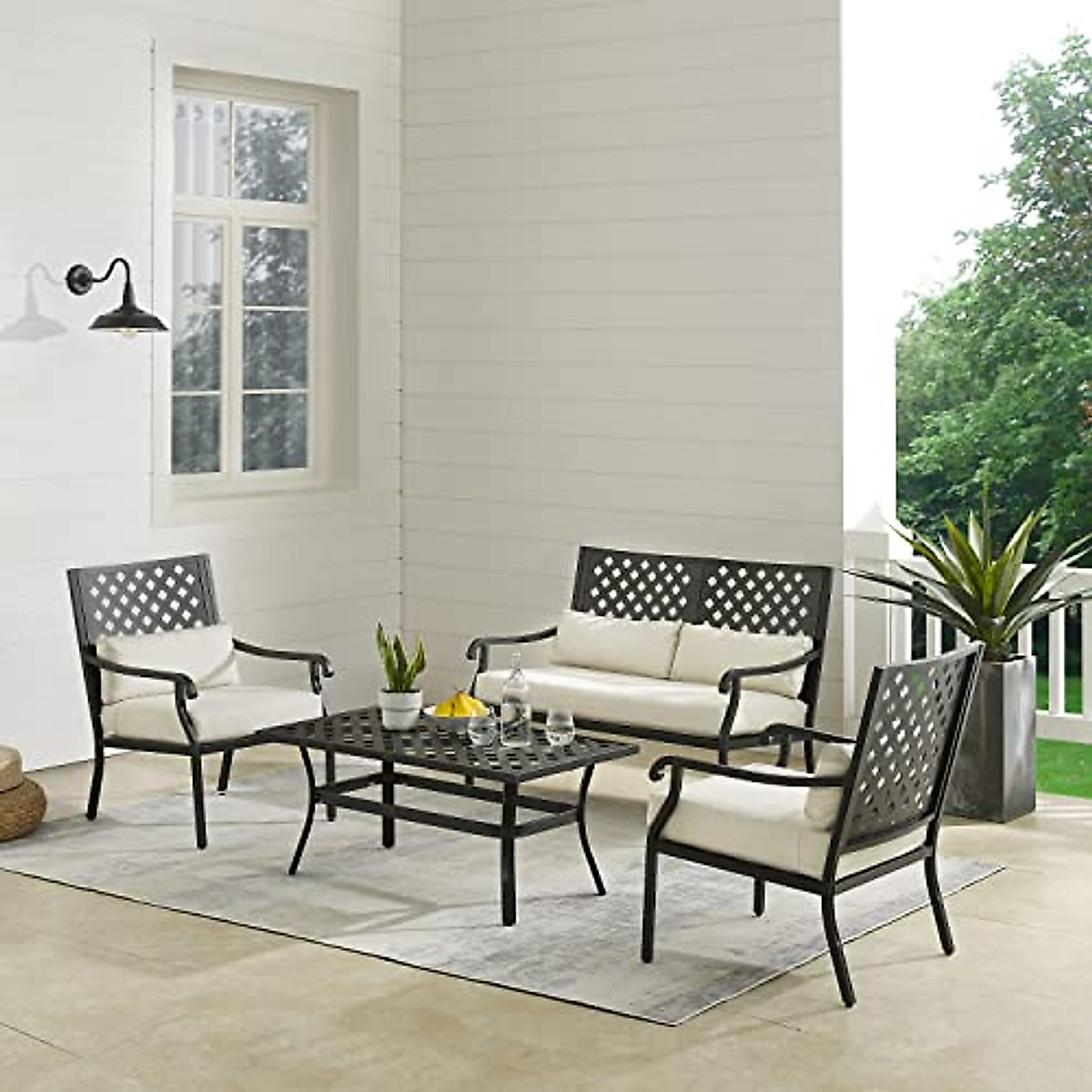 Crosley Furniture Alistair 4-Piece Outdoor Loveseat Patio Furniture Set, Conversation Sets for Porch, Deck, Matte Black with Creme Cushions