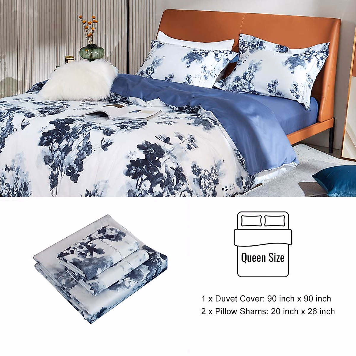 MILDLY 100% Long Staple Cotton Duvet Cover Set Navy Blue Leaves Printed Comforter Cover Set Watercolor Plant Floral