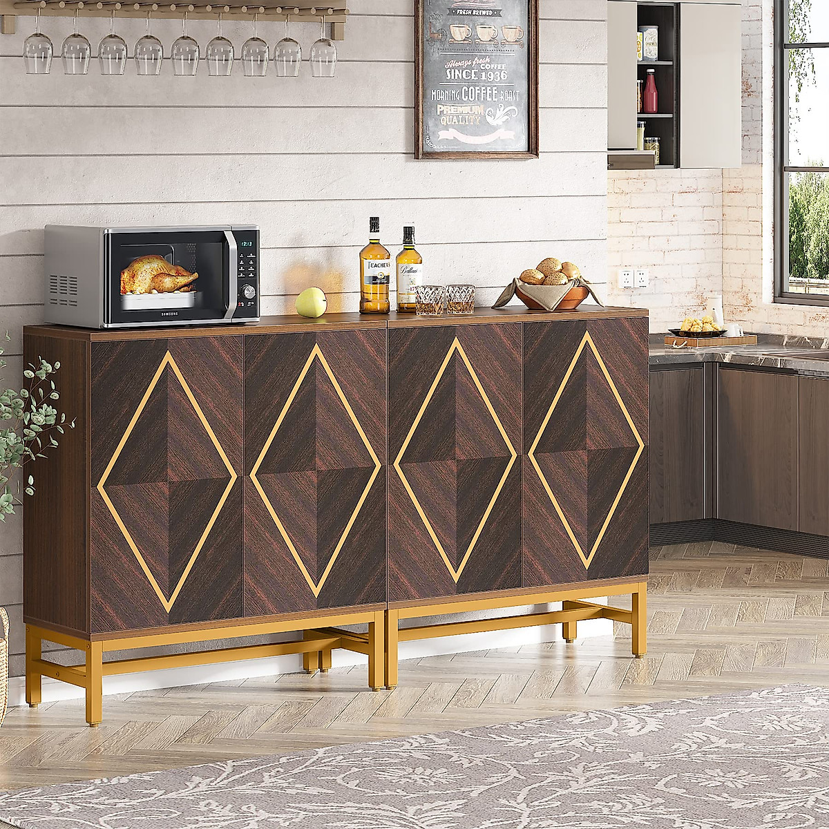 Tribesigns Sideboard Buffet Cabinet Set of 2, 59 Inch Kitchen Sideboard Cabinet with Doors and Adjustable Shelves, Coffee Bar Cabinet Storage Cabinet for Dining Room, Living Room, Dark Brown