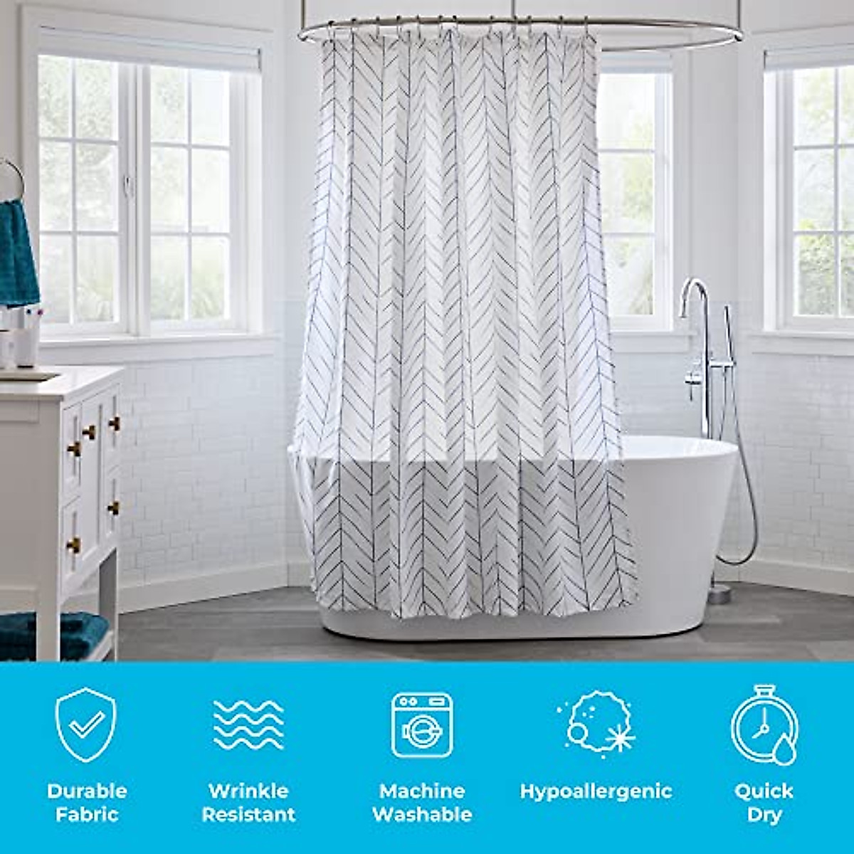 Linenspa Blue Herringbone Shower Curtain –Water Resistant, Wrinkle Resistant, Machine Washable, Polyester Shower Curtain - Dorm Room Essentials 72 x 72