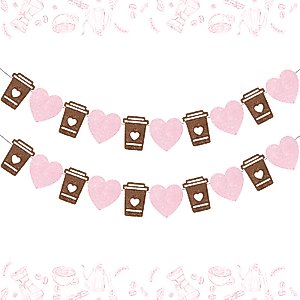 Coffee Bar Banner Pink, Glitter Coffee Cup and Heart Garland, Latte Banner for Birthday Bachelorette Engagement Wedding Baby Shower Party, Coffee Bar Wall Table Decorations