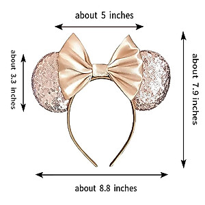 Foeran Mouse Ears Headbands, Sequin Mouse Ears Headband with Bow for Kids Adults Women, Accessories for Birthday Party Cosplay Costume (light gold bow)